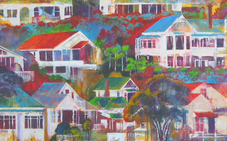 'Hillside Houses' by Rob McGregor - Rob McGregor Kiwi Art House Gallery